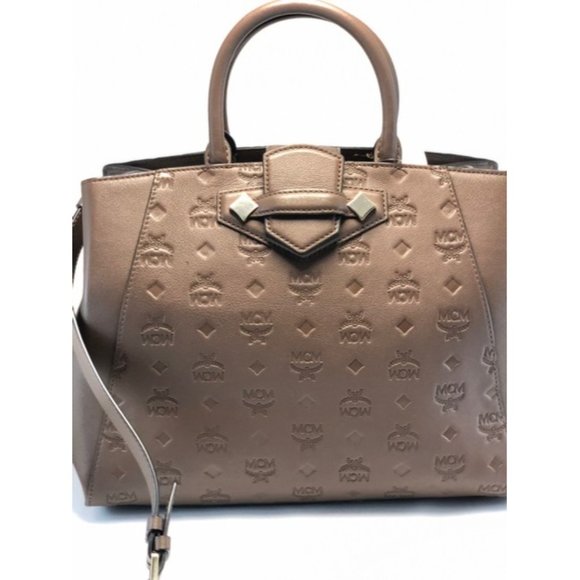 MCM | Bags | Mcm Top Handle Bag Essential Monogrammed Brown Leather ...
